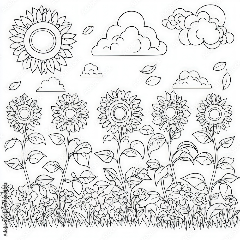 A lovely day at a sunflower field, coloring page for kids, simple ...