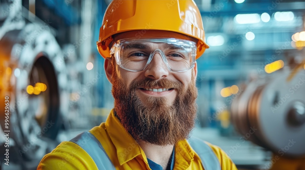 Cheerful worker in safety gear shows confidence in a modern industrial ...