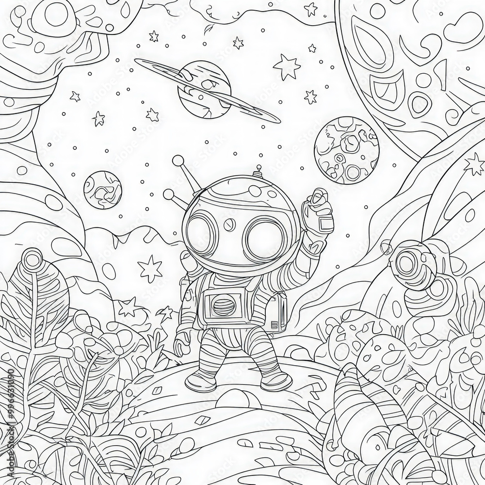 A space alien visiting Earth, coloring page for kids, simple outline ...
