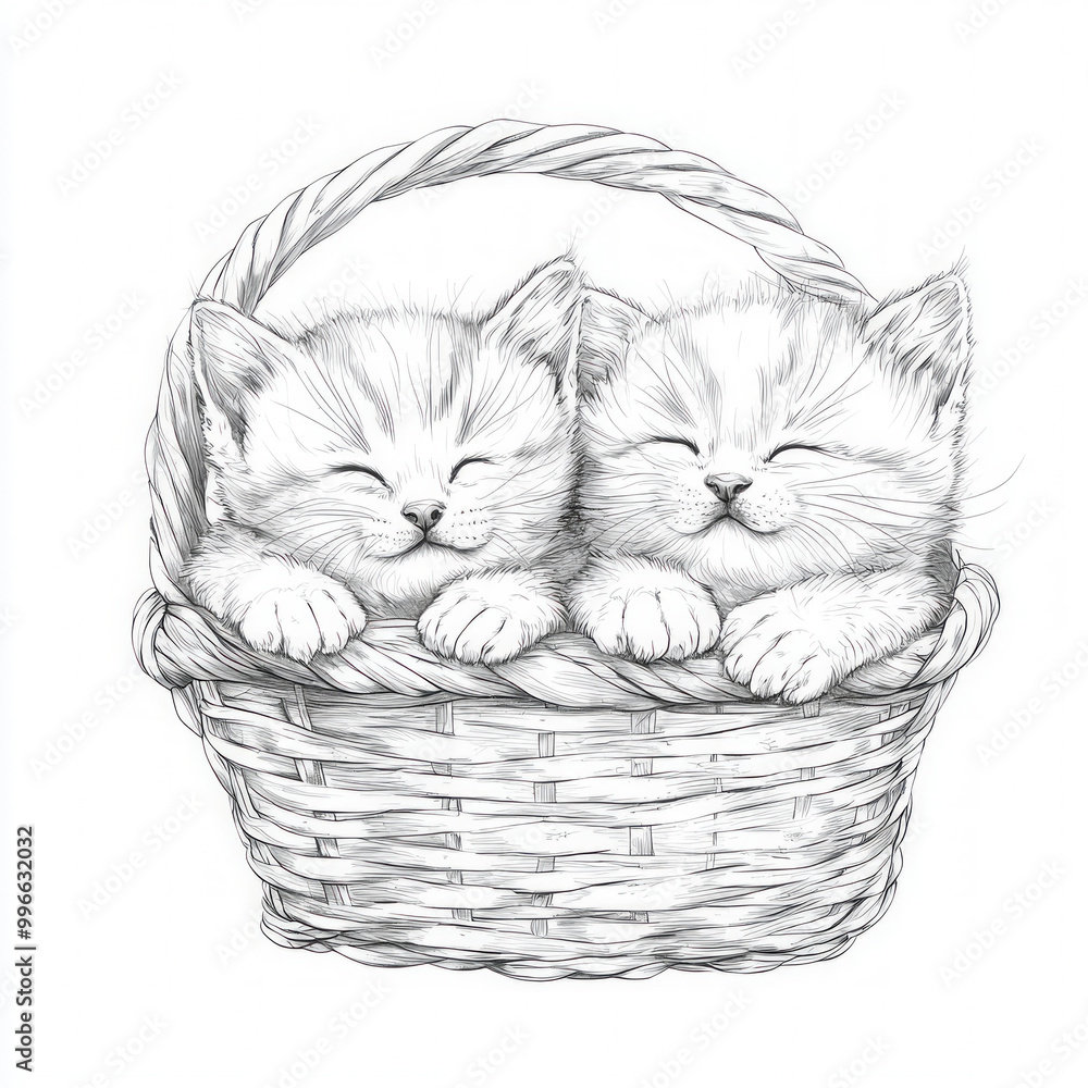 Adorable kittens playing in a basket, coloring page for kids, simple ...