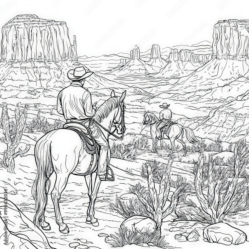A wild west scene with cowboys and horses, coloring page for kids ...