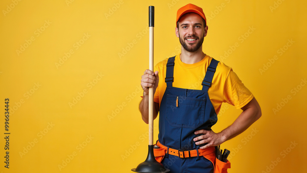 A smiling plumber stands confidently, holding a plunger in one hand ...