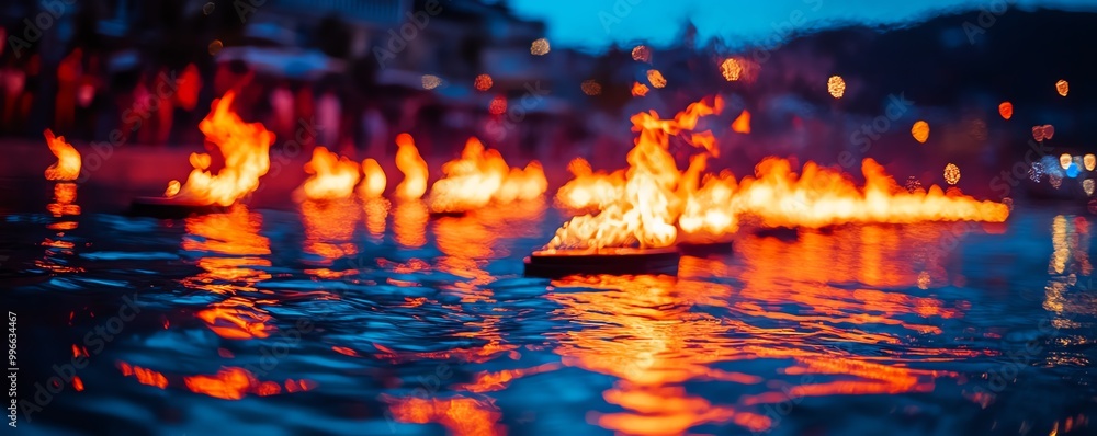 Fire and light show illuminating the night during a boat parade, with ...