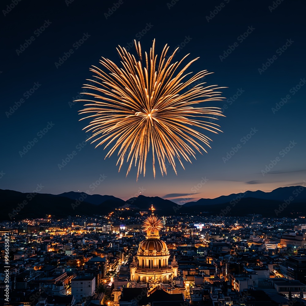 Grand firework display exploding over a historic city at night, ancient ...