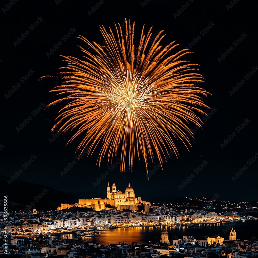 Grand firework display exploding over a historic city at night, ancient ...