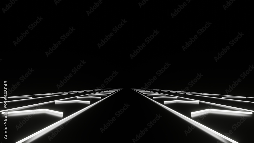 3d Render, Futuristic racing track way with white neon glowing on dark ...