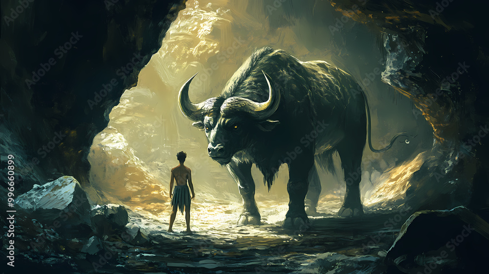 Theseus found the creature minotaur in cave labyrinth greek mythology tale. neural network ai ...