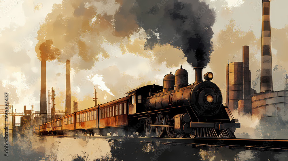 Vintage steam train passing an industrial factory with smoke stacks in ...