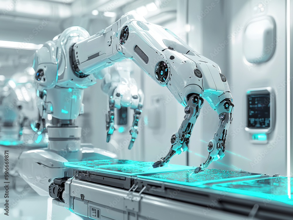 A high tech robotic arm is engaged in precise surgical procedure within ...