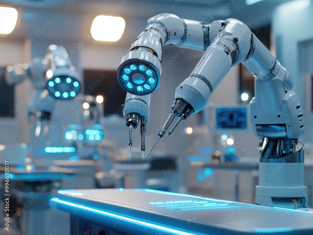 High tech robotic surgery scene featuring advanced robotic arms in ...