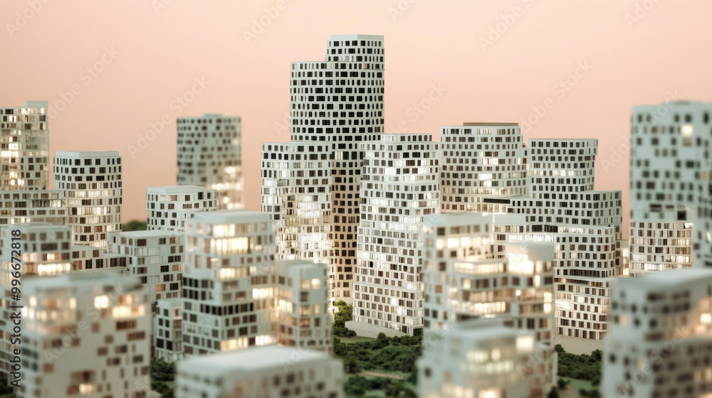 Architectural model of a modern city with high-rise buildings, white ...