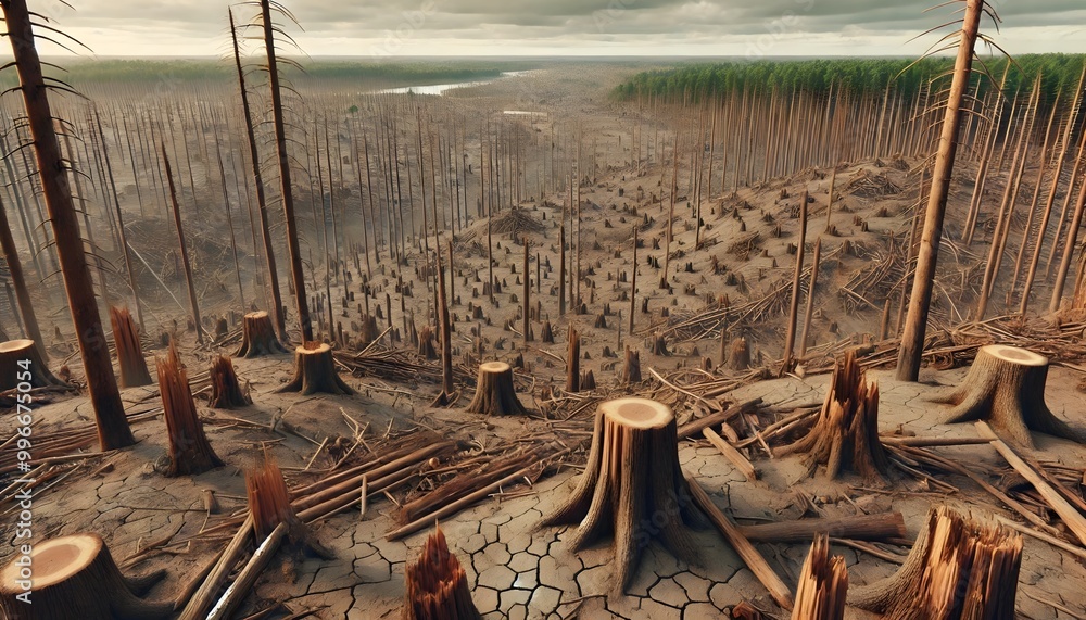 Devastated forest landscape after deforestation, showcasing tree stumps ...