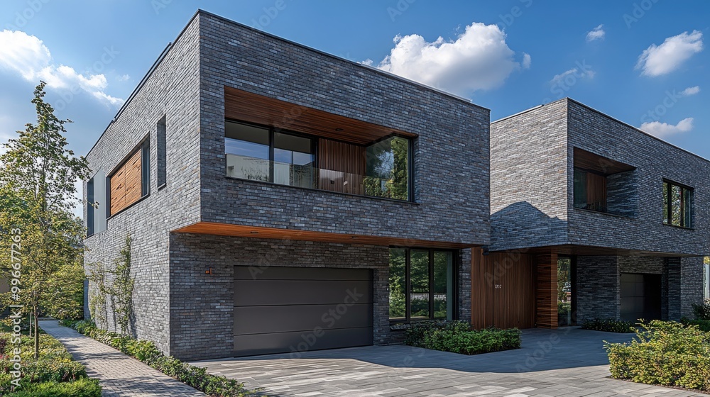 Contemporary building facade featuring a gray clinker brick wall and ...