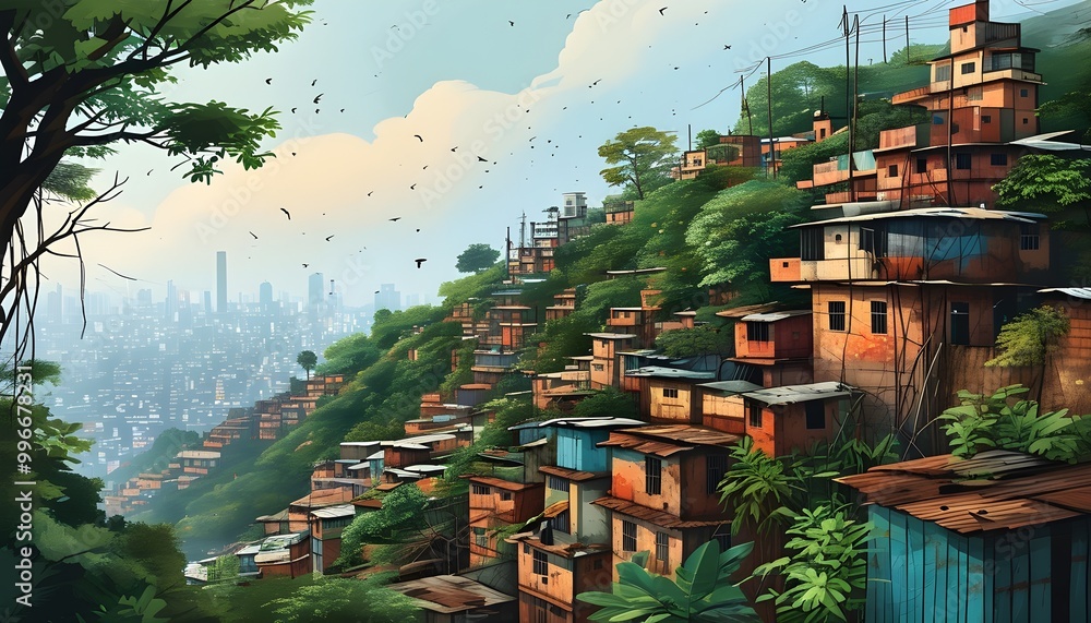 vivid portrayal of a vibrant slum landscape reflecting the life and ...