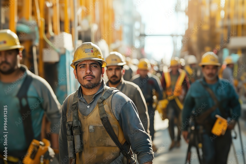 Workers leaving a construction site in the late afternoon, showcasing ...