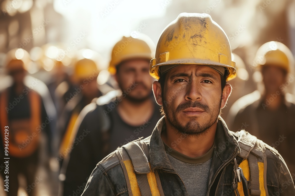 Workers leaving a construction site at dusk, wearing safety helmets and ...
