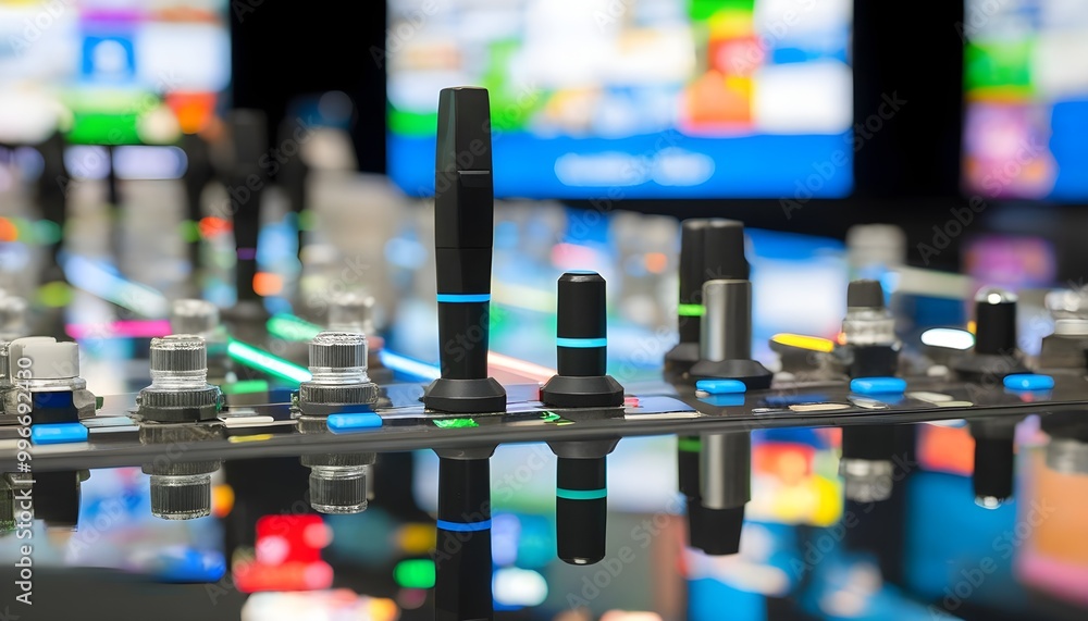 Detailed view of fader bars and control buttons on a professional ...