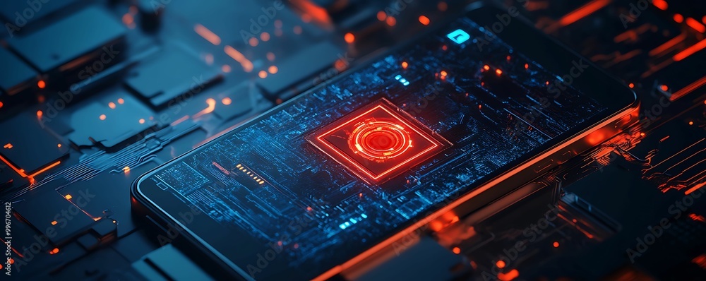 A close-up of a smartphone displaying a glowing red security icon ...