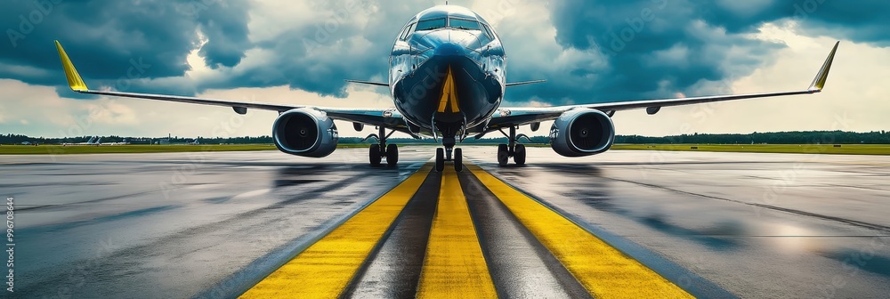 Commercial airliner on runway, front view, wide-angle perspective ...