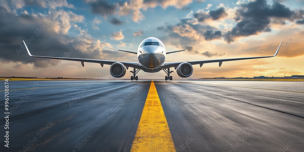 Commercial airliner on runway, front view, wide-angle perspective ...