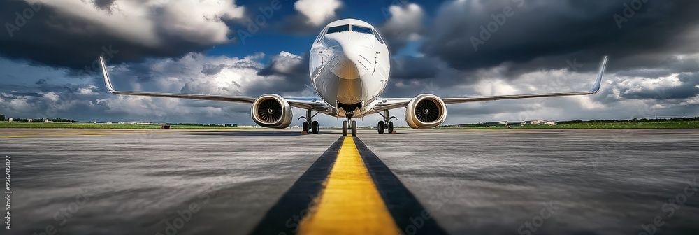 Commercial airliner on runway, front view, wide-angle perspective ...