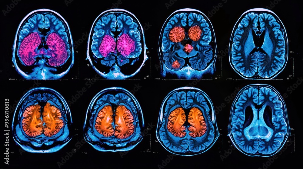MRI scan showing multiple metastatic tumors in different areas of the brain. Stock-Illustration ...