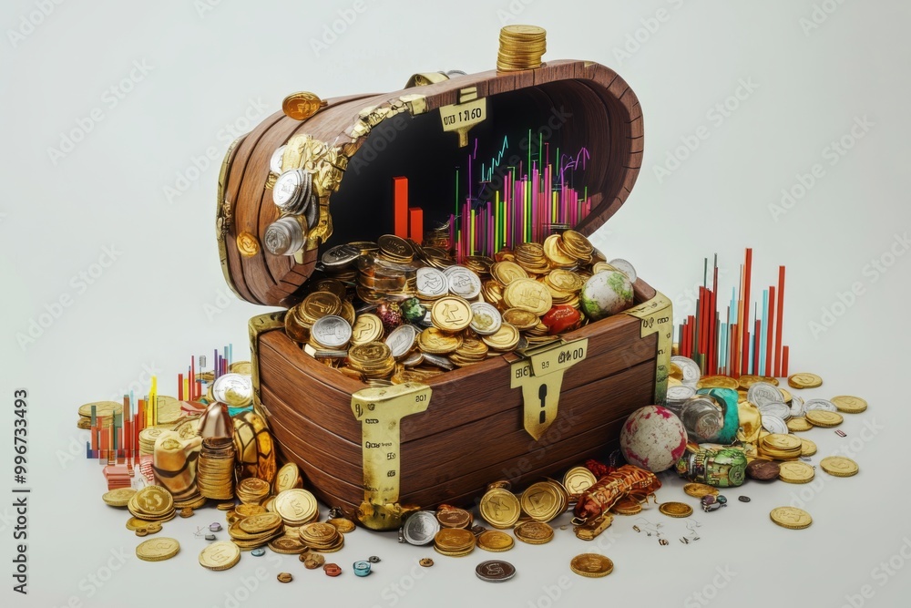 a stylized depiction of a treasure chest overflowing with coins, charts ...