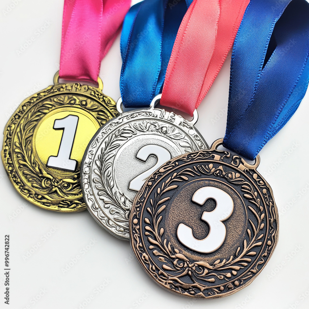 three competition medals: the first medal in shiny gold with intricate ...