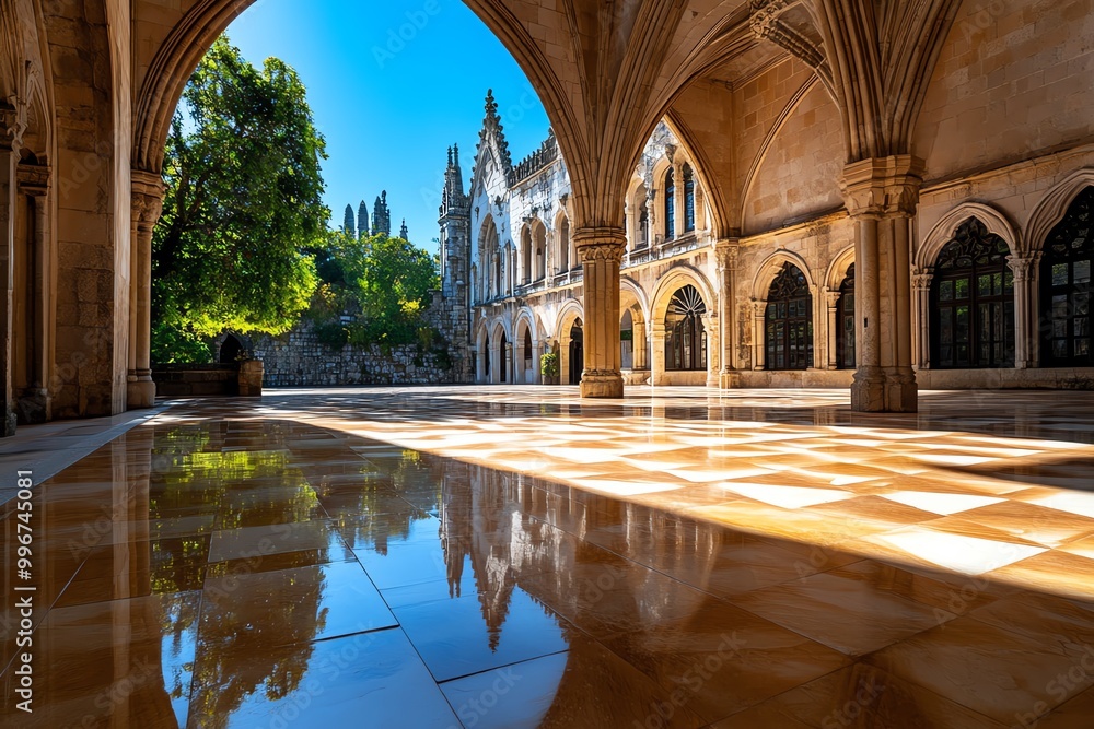 Realistic photograph of the grand Gothic cloisters at Batalha Monastery ...