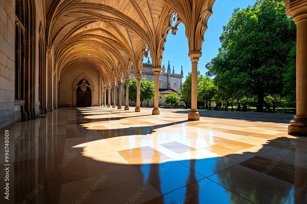 Realistic photograph of the grand Gothic cloisters at Batalha Monastery ...