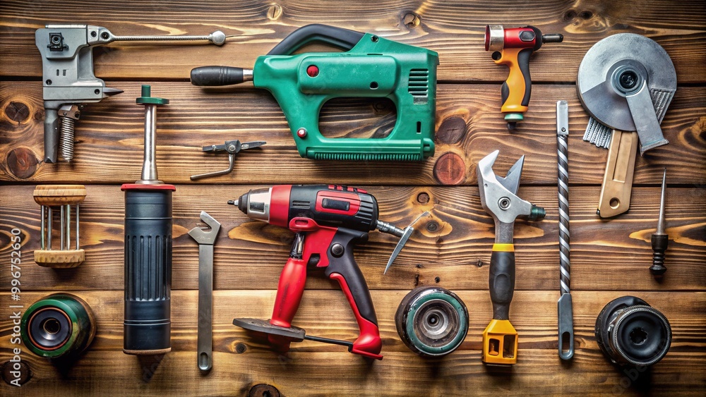 Assorted power tools including drill, saw, and wrench lined up in a row ...