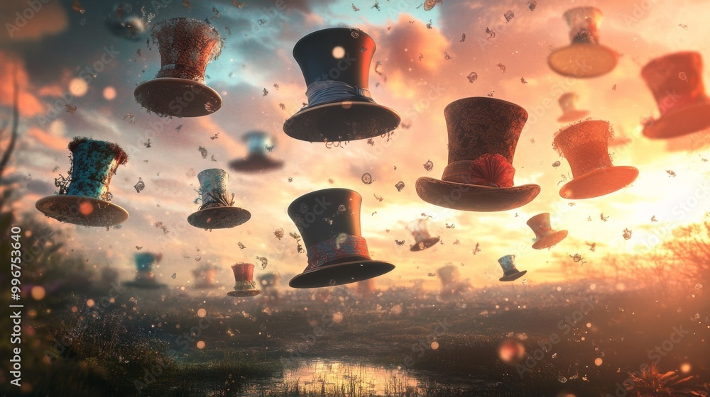 Top Hats Hanging in the Air: A surreal banner background of Mad Hatter ...
