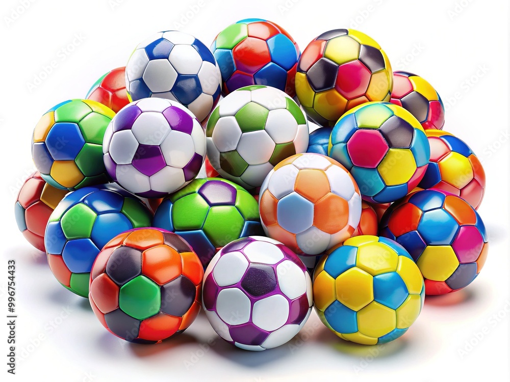 Colorful soccer balls arranged in a geometric pattern on a white ...