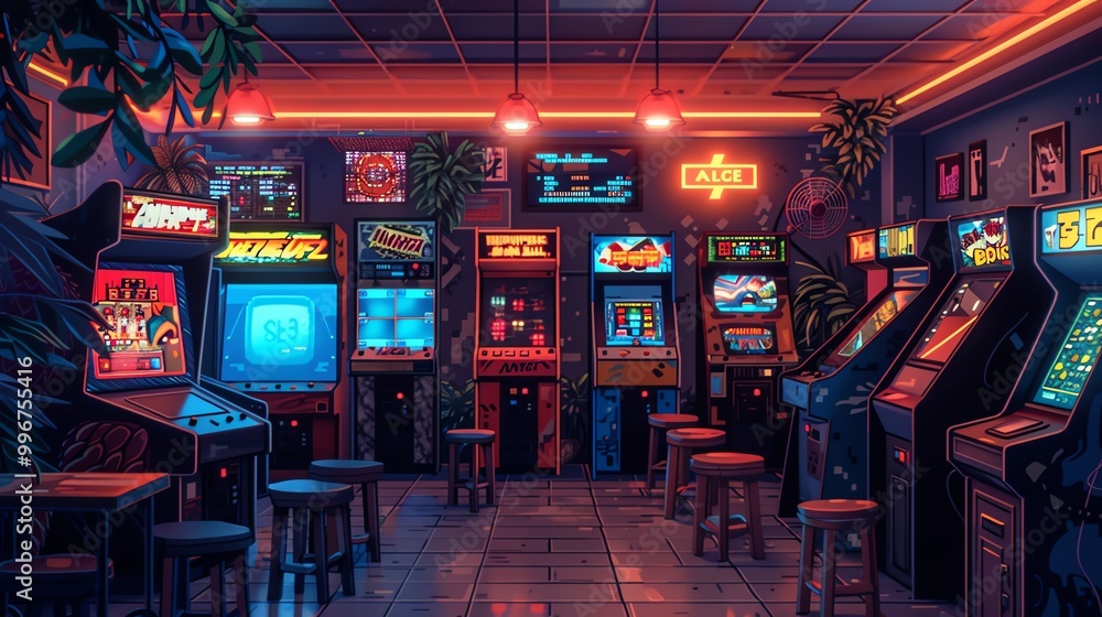 2D pixel art retro arcade, flashing neon signs, game machines, and ...