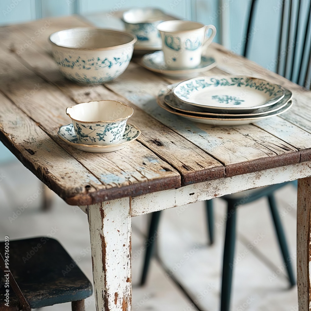 Timeworn wooden table with peeling paint, chipped edges, and rusted ...