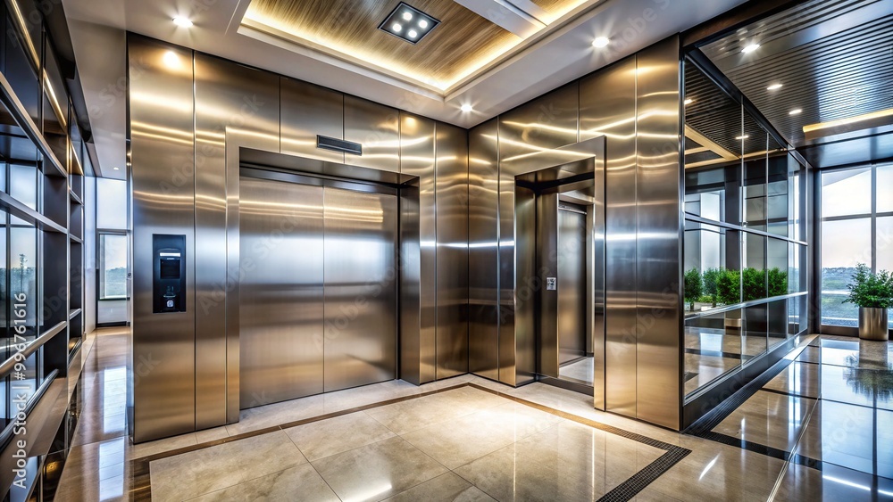 Modern apartment building elevator with stainless steel walls, mirrored ...