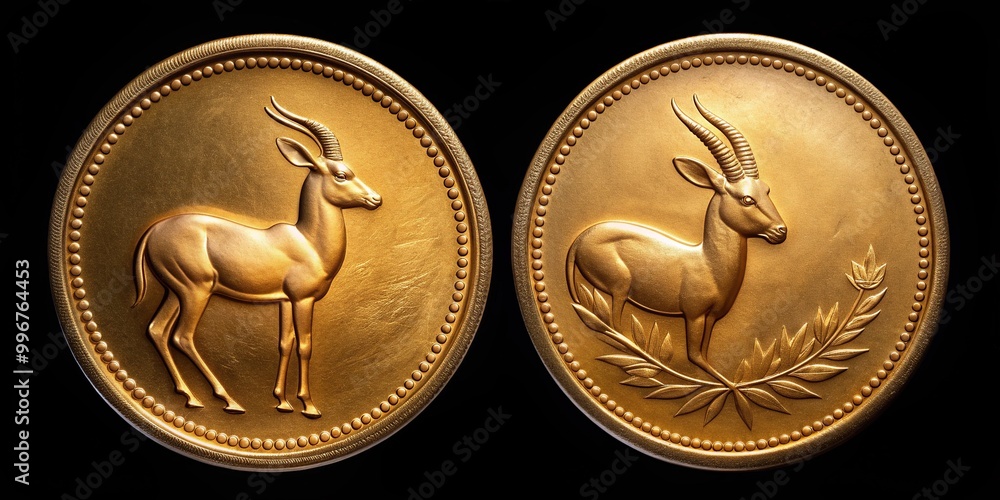 Shiny gold South African coin featuring springbok antelope on one side ...