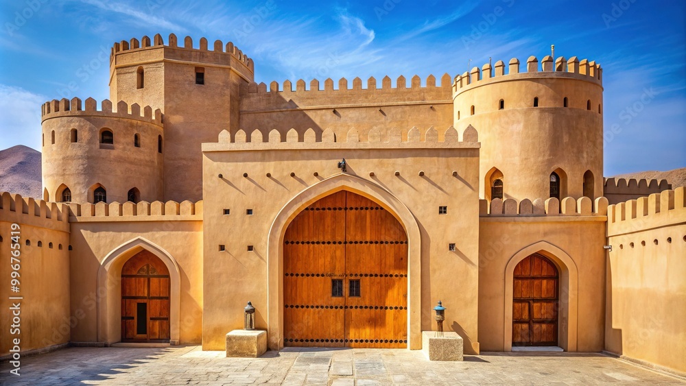 Traditional Omani fort architecture with intricately carved wooden ...
