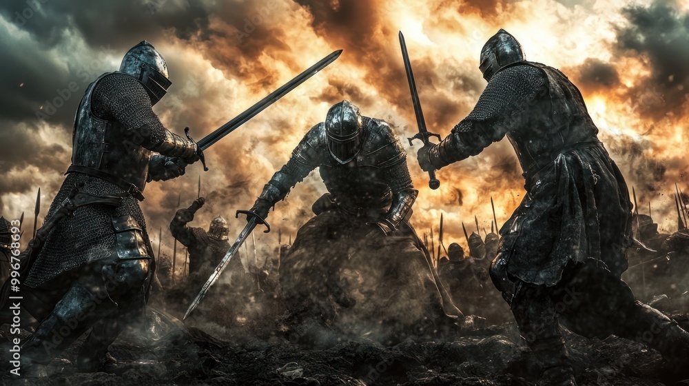 a fierce medieval battle scene with knights clashing swords amidst a dramatic backdrop Stock ...