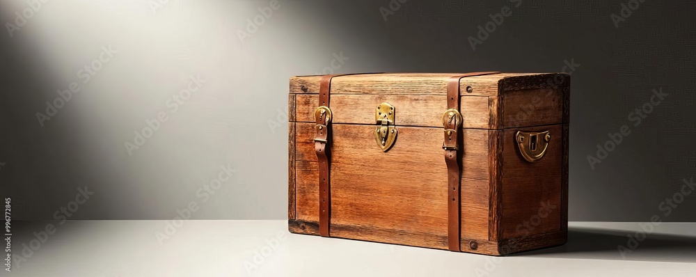 Worn-out wooden chest with tarnished brass accents and cracked leather ...