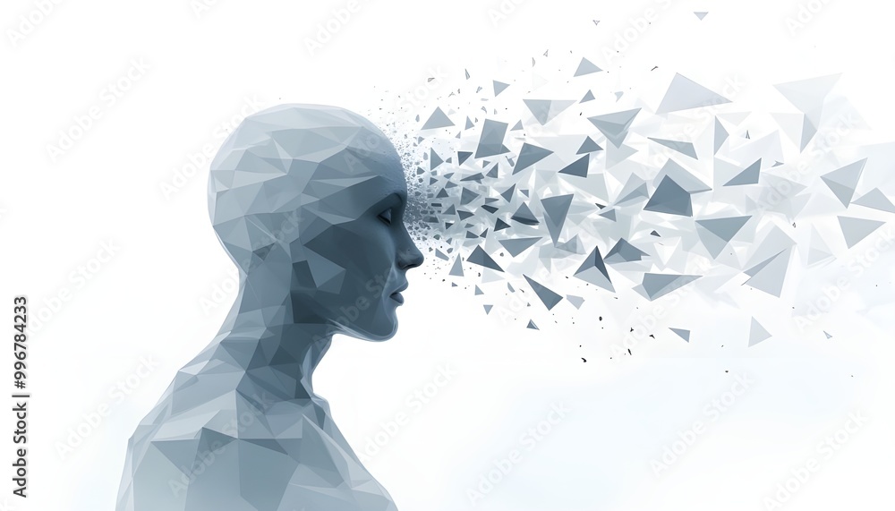 An intricate vector illustration of a human silhouette shattered into ...