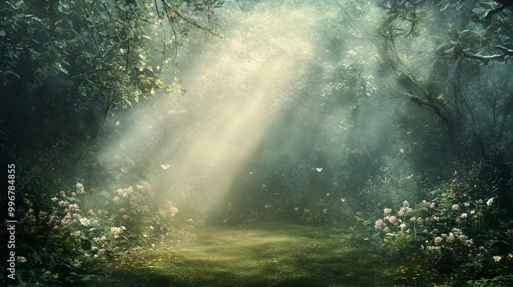 Enchanted mist veiled clearing in a timeless primal forest with shafts ...