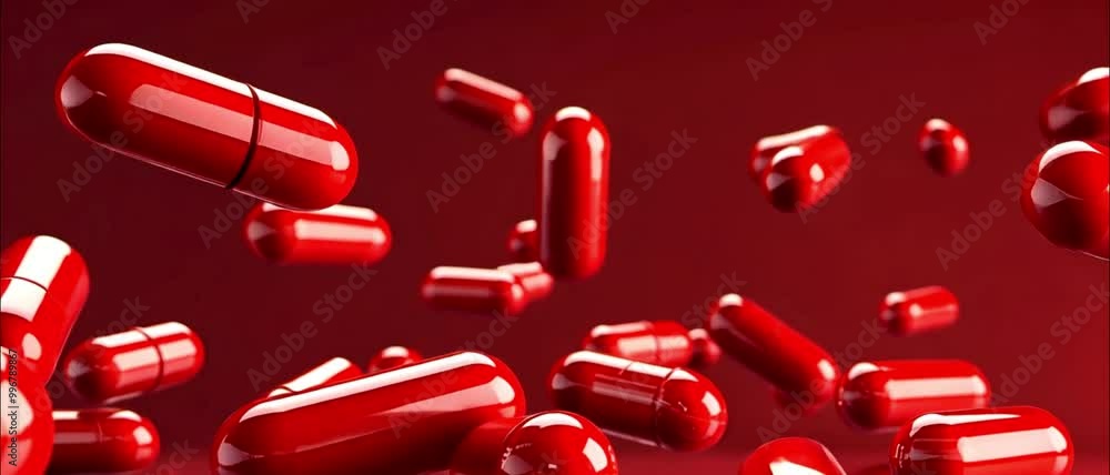 Medical health concept. Red 3D background with slowly floating capsules ...