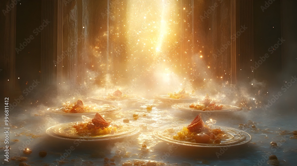 Feast of the Immortals Plates of shimmering ambrosial delicacies set ...
