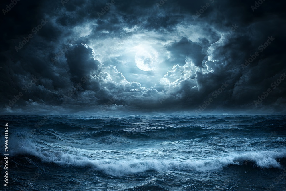 storm above the ocean in the night with a lot of waves Stock Photo ...