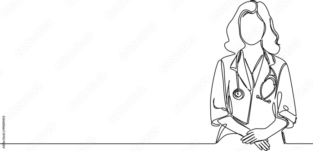Poster continuous single line drawing of female general practitioner ...