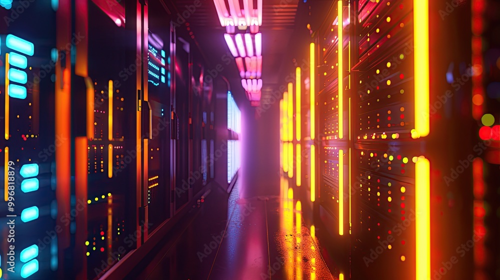 A sleek server room with rows of illuminated server racks, displaying ...