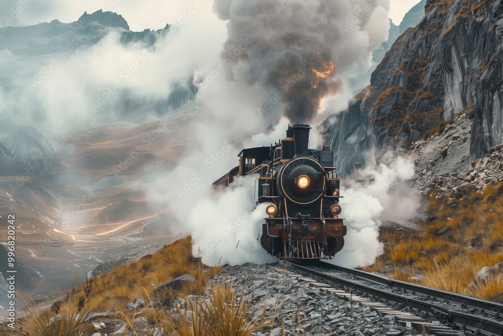 Steam locomotive travels through mountainous terrain, releasing ...