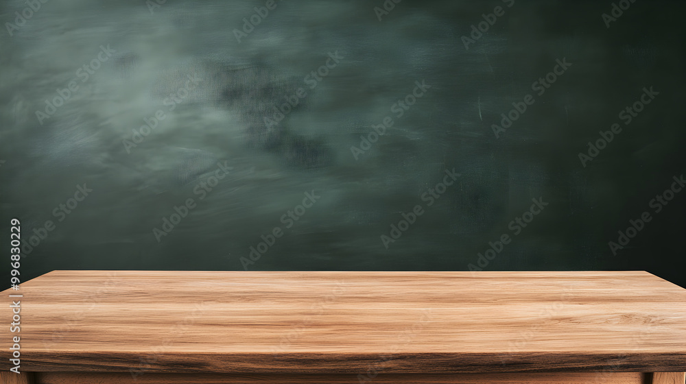 Wooden tabletop in a school classroom against a blackboard background ...