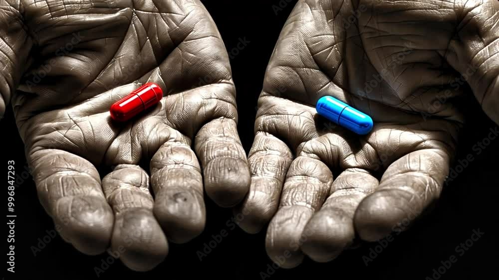 Man's left or right hand holding two different capsules opioid capsules ...